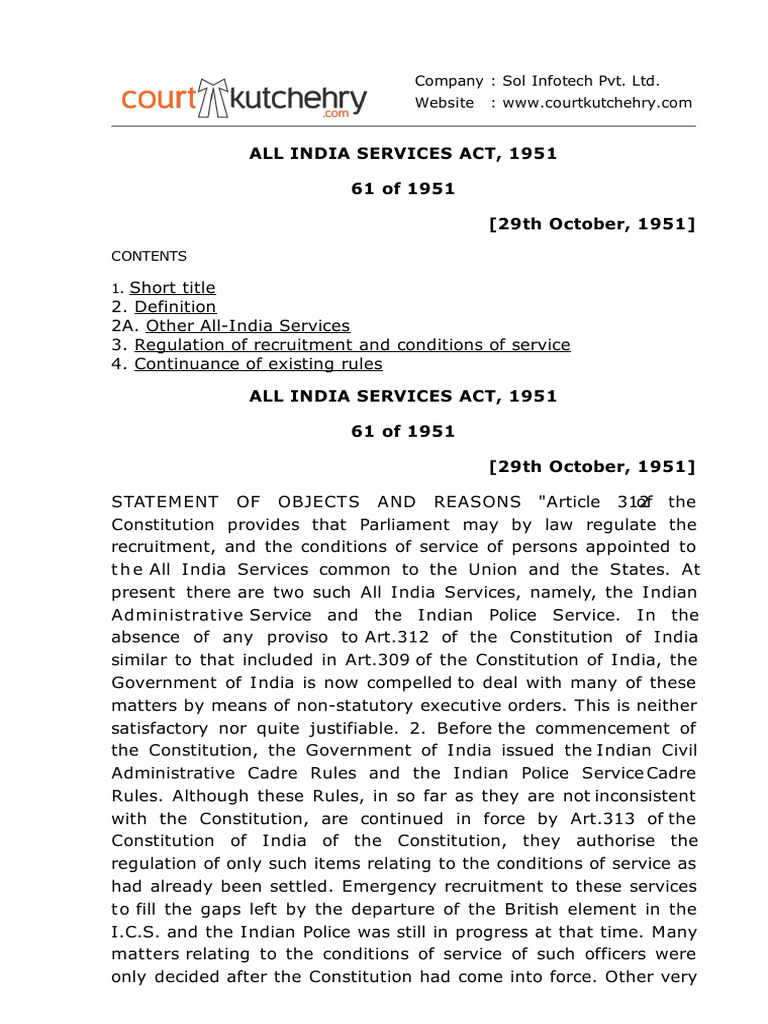All India Services Act Overview 1951 | PDF | Government Of India ...