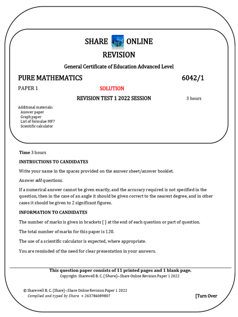 Solution 2022 Paper 1 Test 1 (Pure Mathematics) MR Share | PDF ...