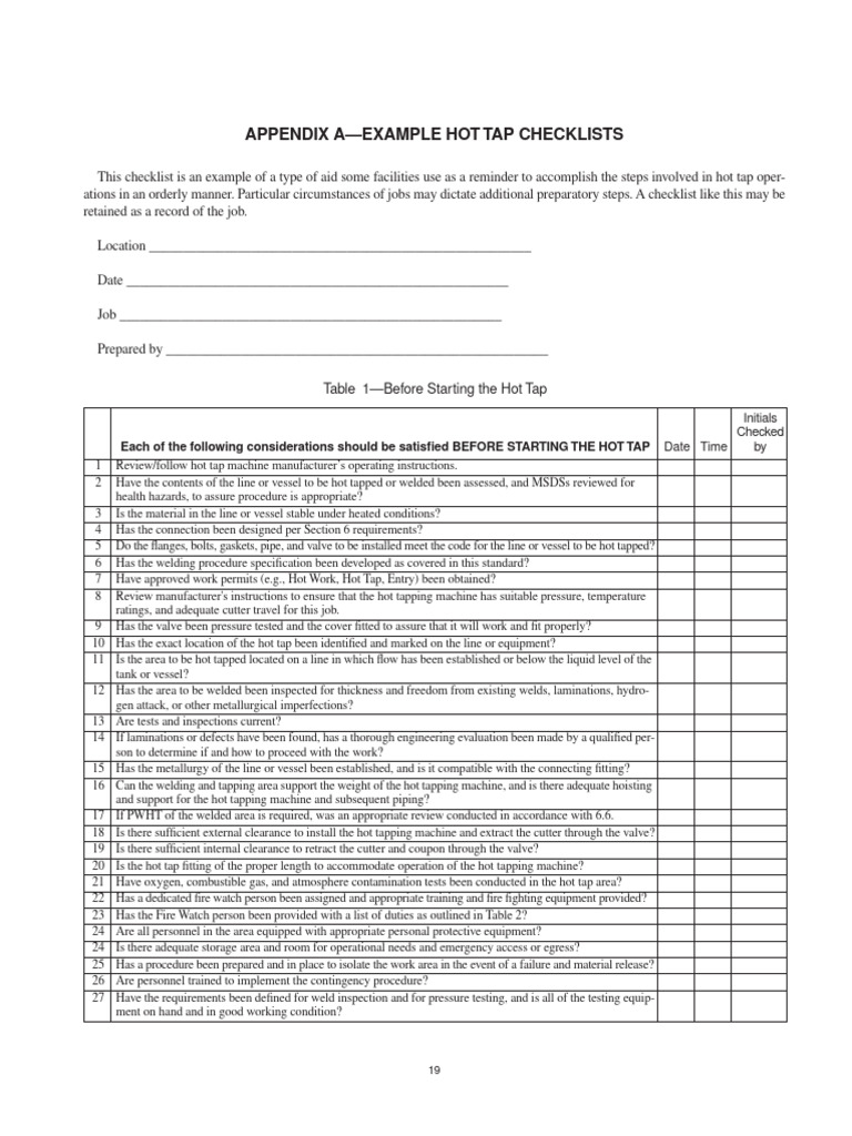 Hot Tap Checklist - APPENDIX A | PDF | Valve | Tap (Valve)