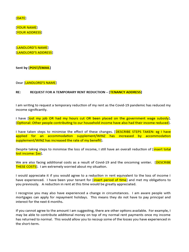 Template Letter To Landlord Requesting Rent Reduction | PDF