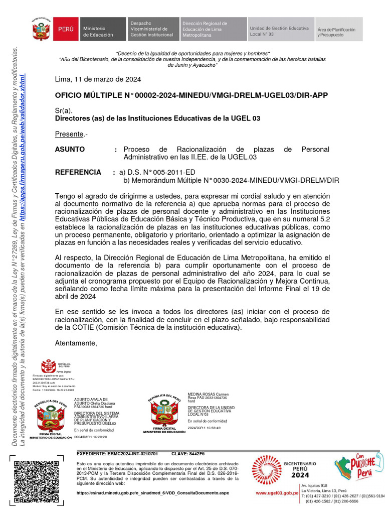 Oficio - Multiple 00002 2024 Minedu Vmgi Drelm Ugel03 Dir App 1 | PDF