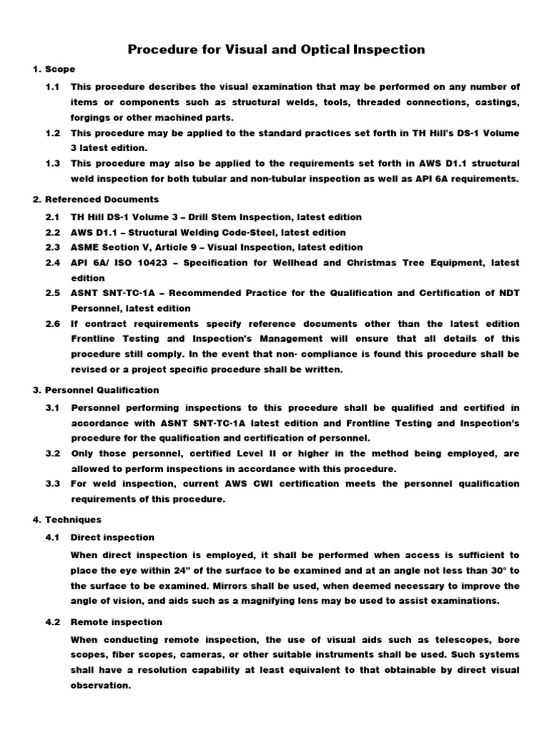 Procedure For Visual and Optical Inspection | Download Free PDF ...