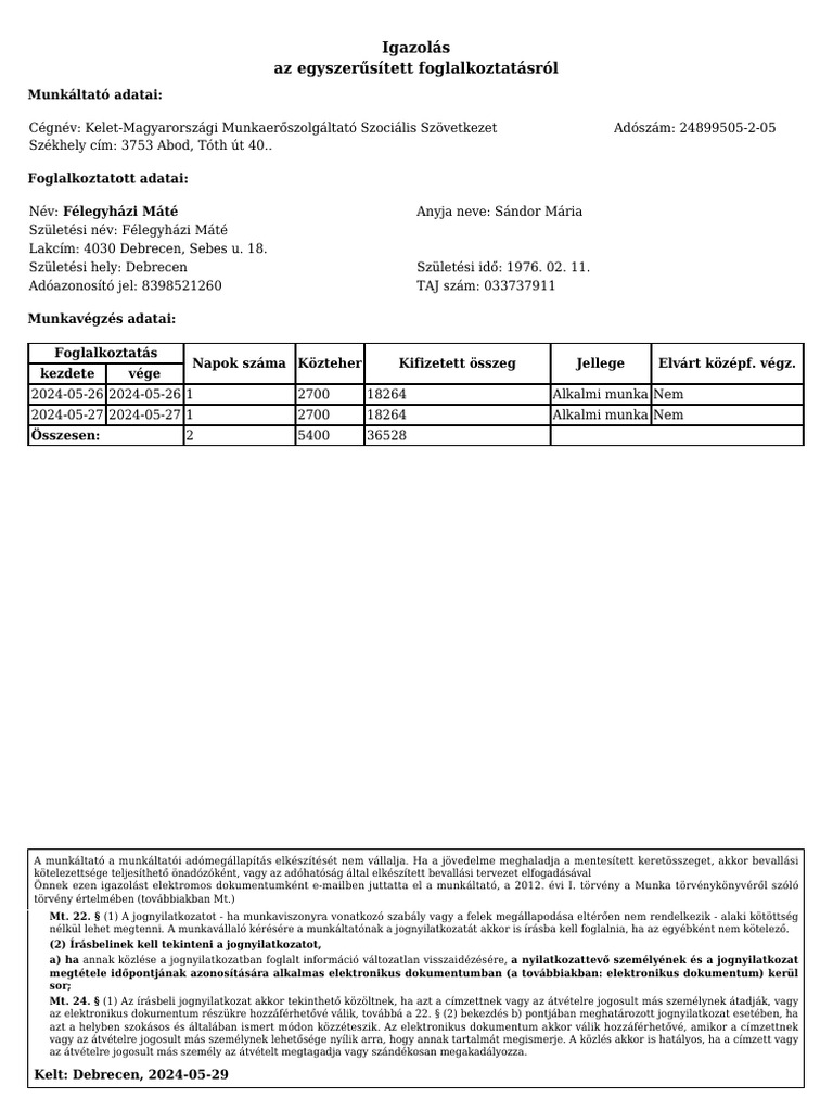 Felegyhazi Mate 20240522 20240528 | PDF