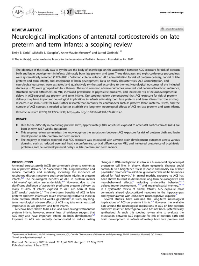 Neurological Implications of Antenatal Corticosteroids On Late Preterm and Term Infants: A ...