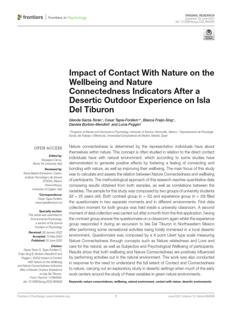 Impact of Contact With Nature On The Wellbeing and | PDF | Well Being ...
