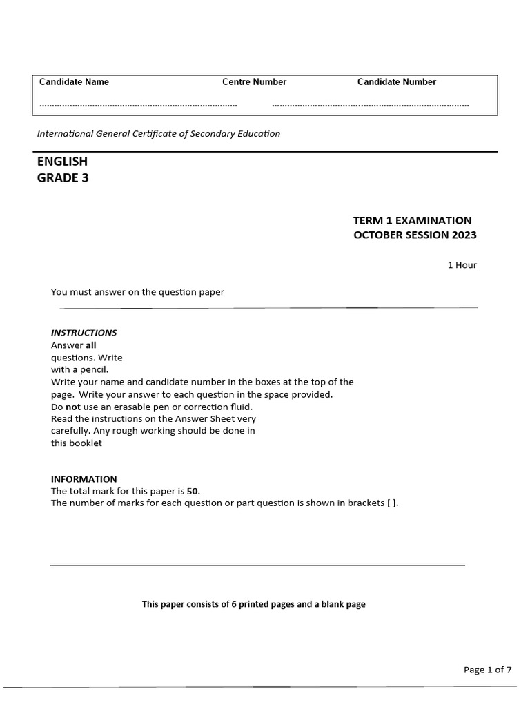 GR 3 English Question Paper | PDF