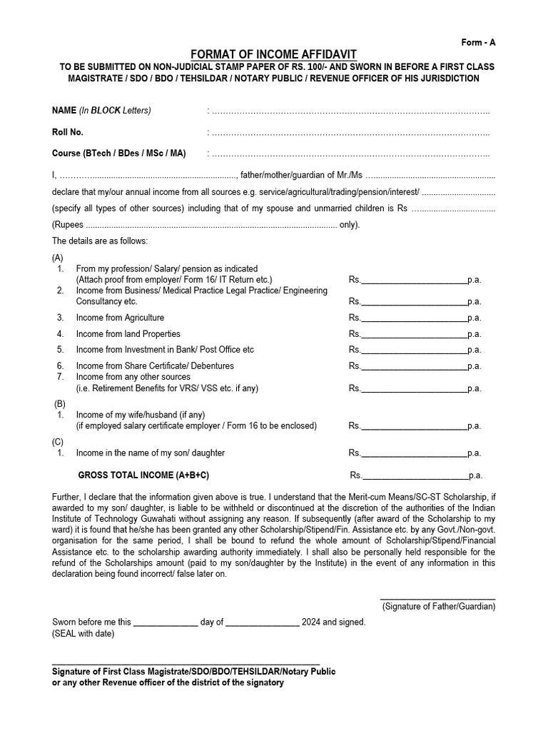 Format of Income Affidavit For MCM & SC-ST Scholarship | PDF | Economies