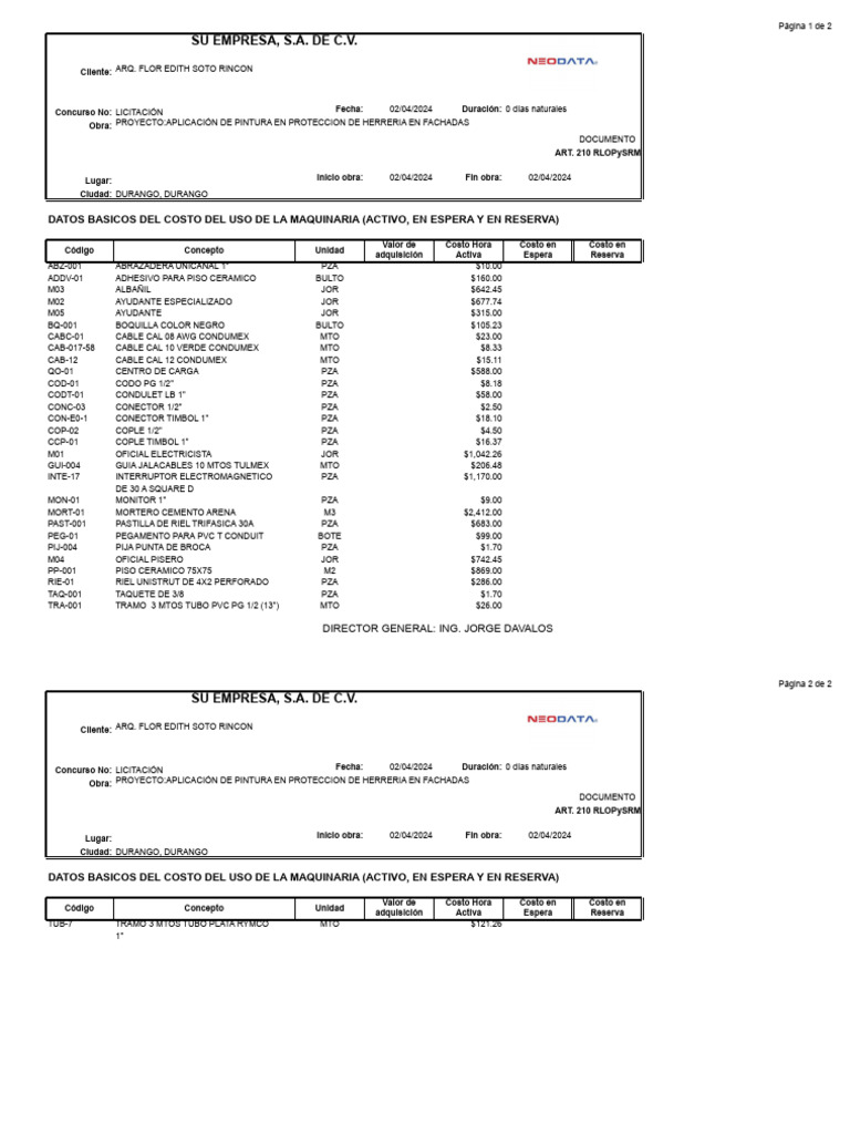 Insumos_b)Costo Maq (Act,Res,Esp) (E)_8-6-2024_Hr11Mn35 | PDF