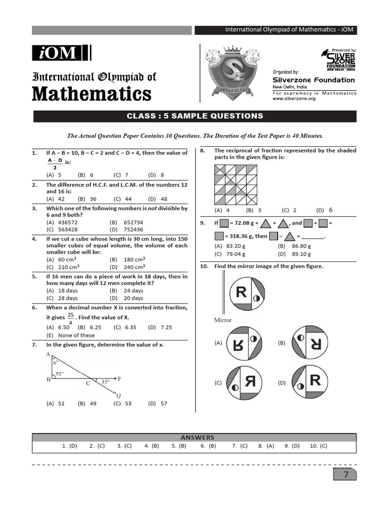 iOM Class 5 Sample Math Questions | PDF | Numbers | Arithmetic