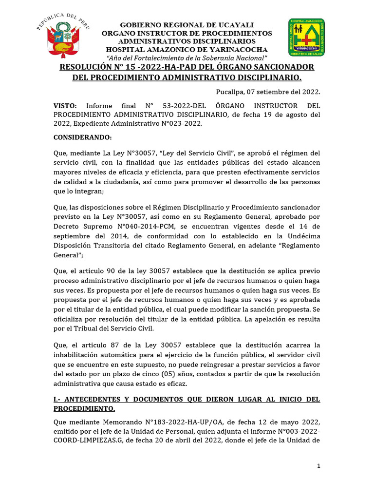 Resolucion de Sancion N°15-2022-Pad Laly Florentina Amasifuen Rojas - Destitucion | PDF | El ...