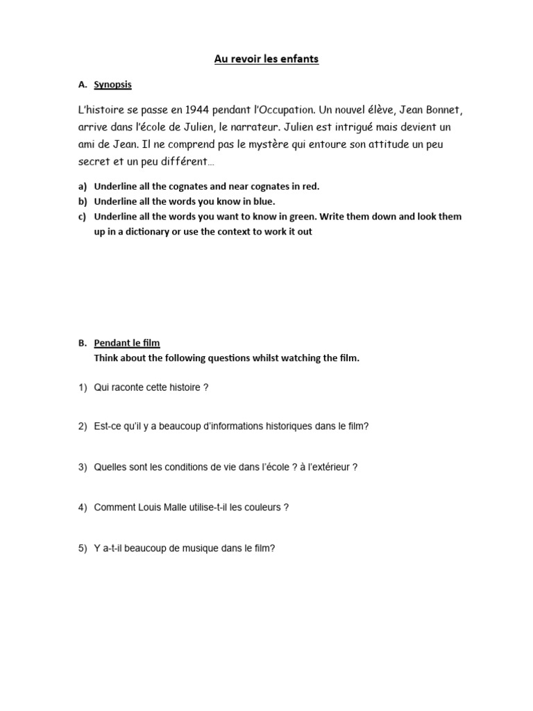 Au revoir les enfants: Film Study Guide | PDF | Games & Activities ...