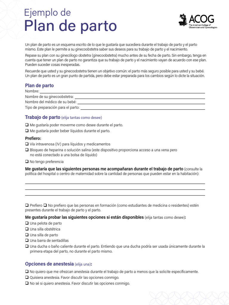Sample Birth Plan - Spanish | Descargar gratis PDF | Parto | Amamantamiento