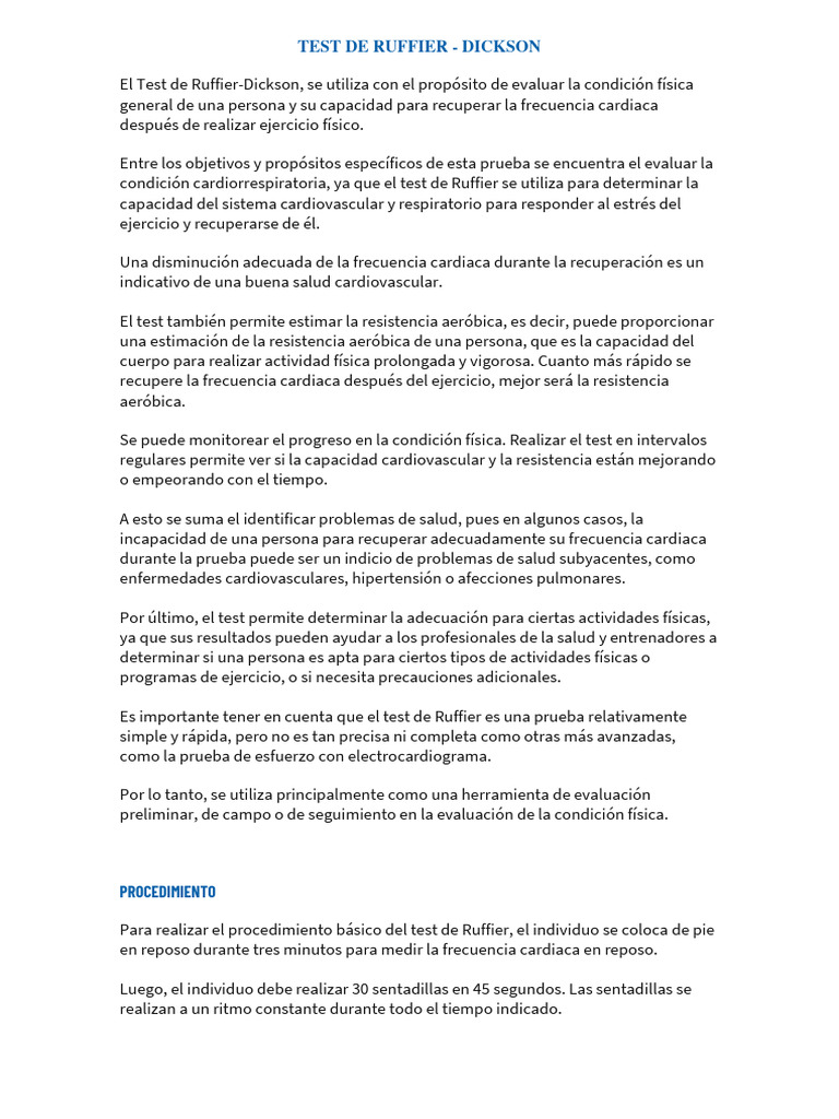 Test de Ruffier | PDF | Ritmo cardiaco | Especialidades Medicas