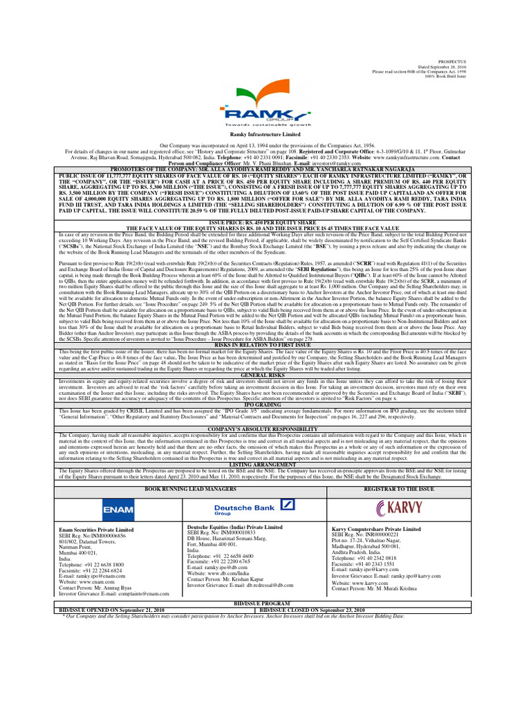Ramky Infrastructure IPO Prospectus 2010 | PDF | Stocks | Initial ...