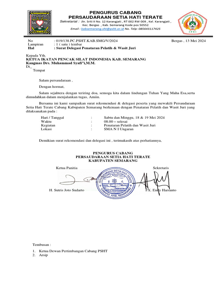 Surat Rekom Dan Delegasi Peserta Penataran Pelatih & Wasjur IPSI - PSHT ...