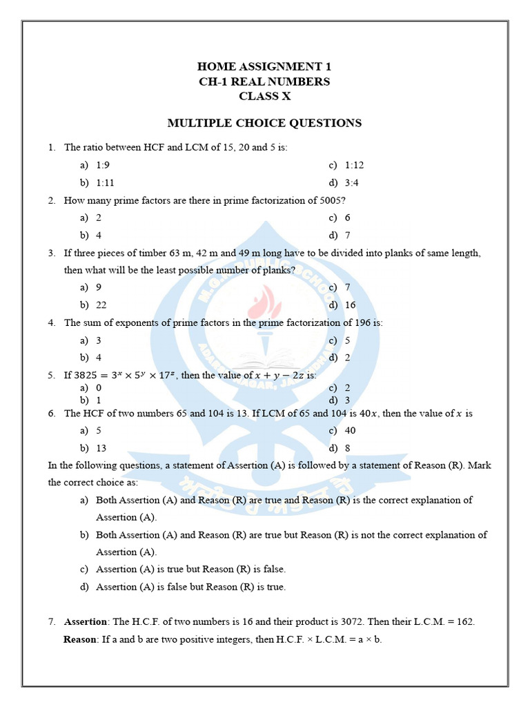 CLASS X HOME ASSIGNMENT 1 (Ch-1) | PDF | Numbers | Mathematics