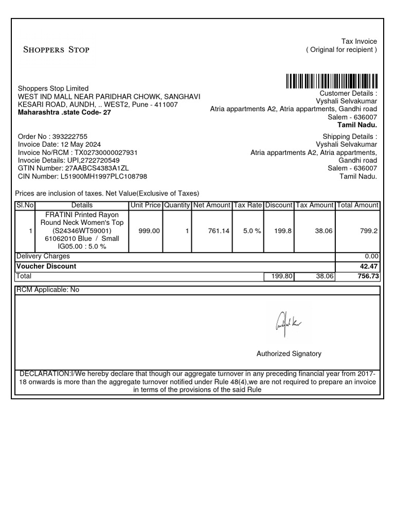 Invoice 27312405121100006 | PDF | Invoice | Taxes
