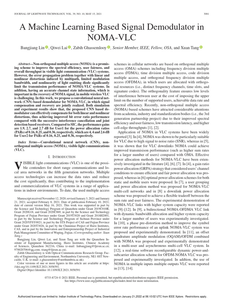 2021 A Machine Learning Based Signal Demodulator in NOMA-VLC | PDF | Modulation | Orthogonal ...