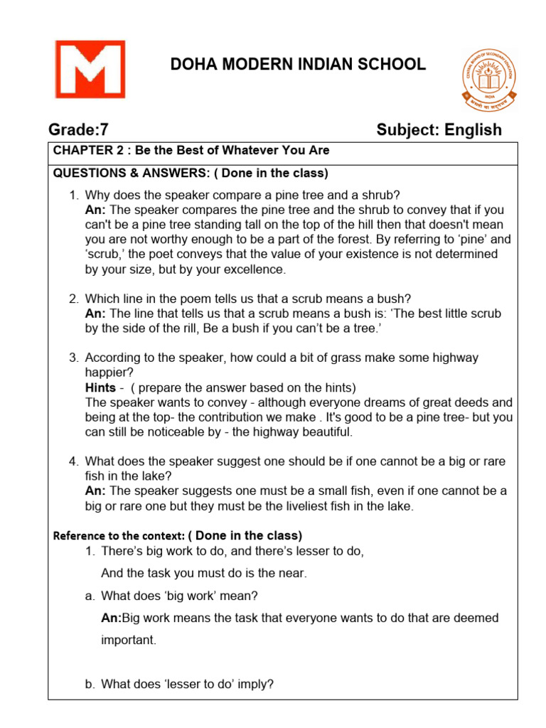 Be the Best: Class 7 Poem Q&A | PDF | Foreign Language Studies