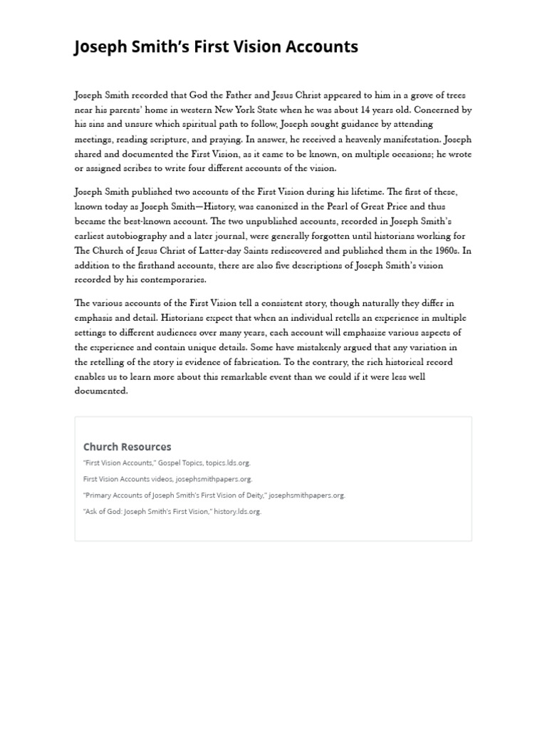 Joseph Smith's First Vision Accounts | PDF | Joseph Smith | Latter Day ...