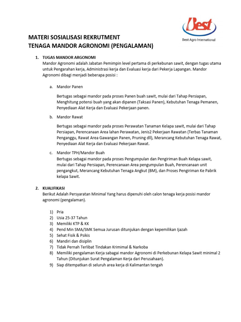 Syarat dan Gaji Mandor Agronomi Sawit | PDF | Bisnis | Pengelolaan ...