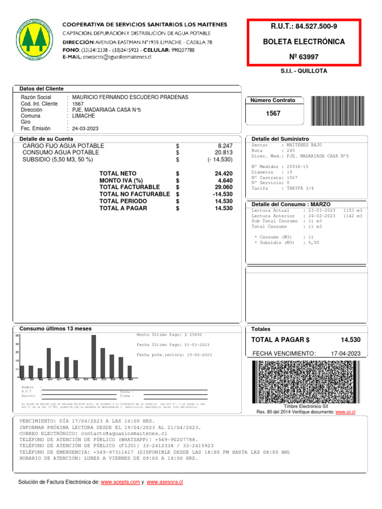 S.I.I. - Quillota: R.U.T.: 84.527.500-9 Boleta Electrónica #63997 | PDF