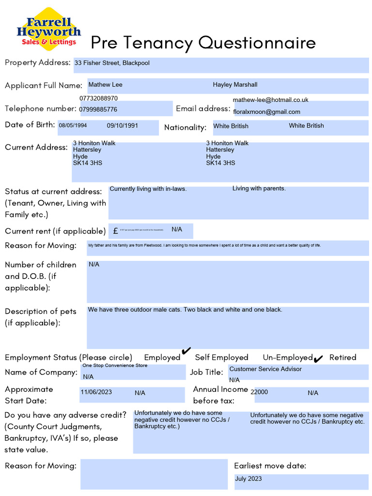 Tenant Pre-Screening Form | PDF | Leasehold Estate