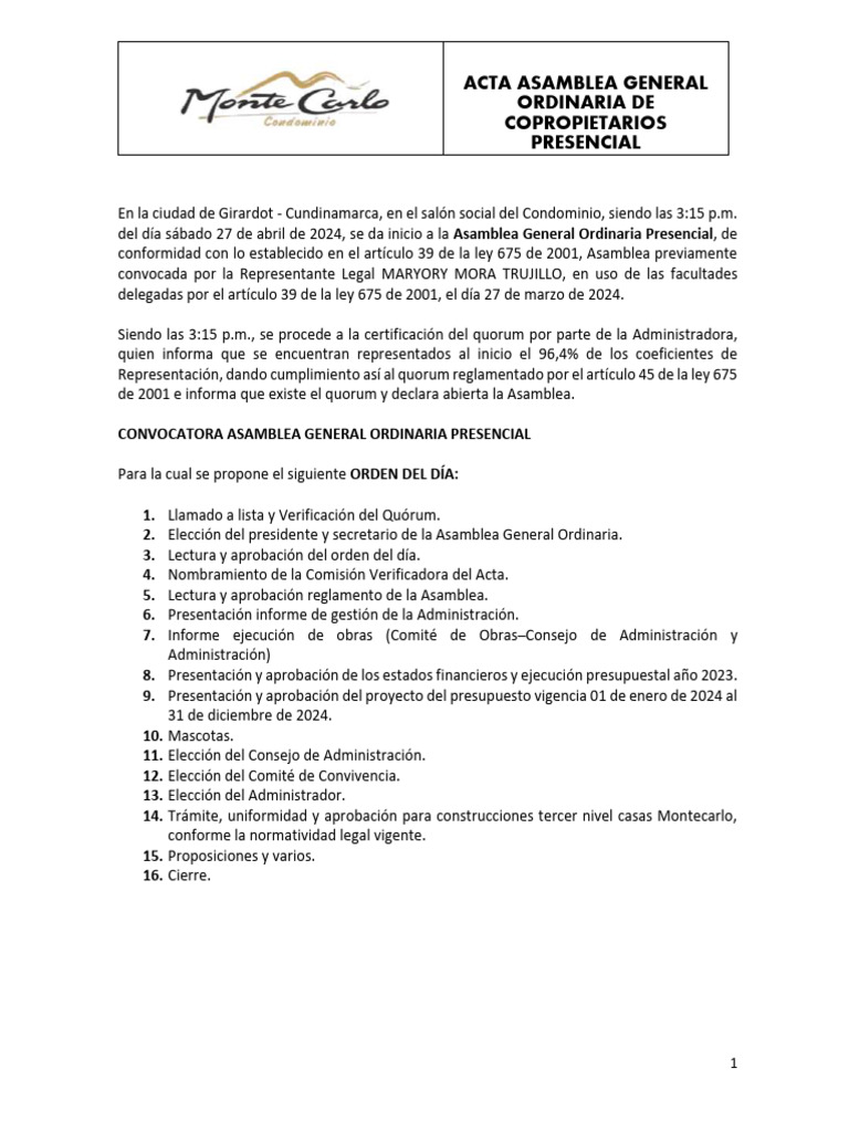 ACTA ASAMBLEA MARZO 2024 | Descargar gratis PDF | Condominio