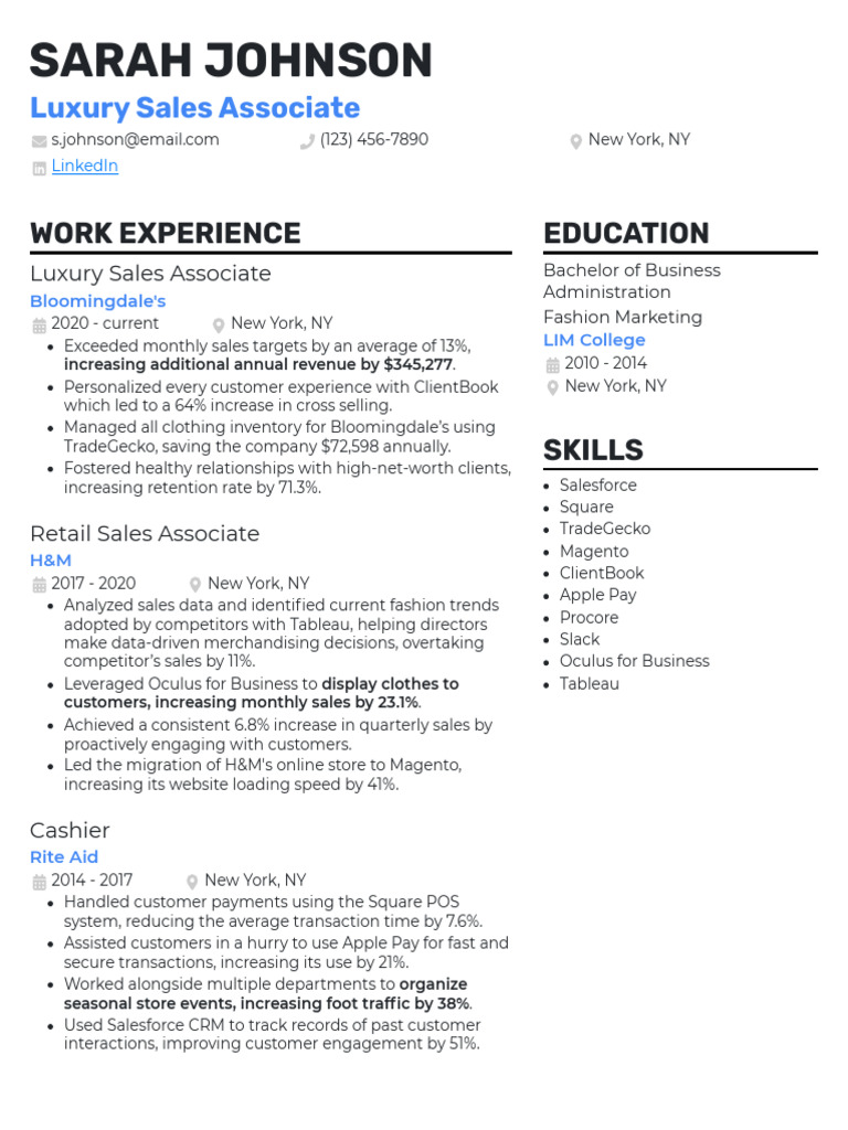 Luxury Sales Associate Resume Example | PDF | Sales | Point Of Sale