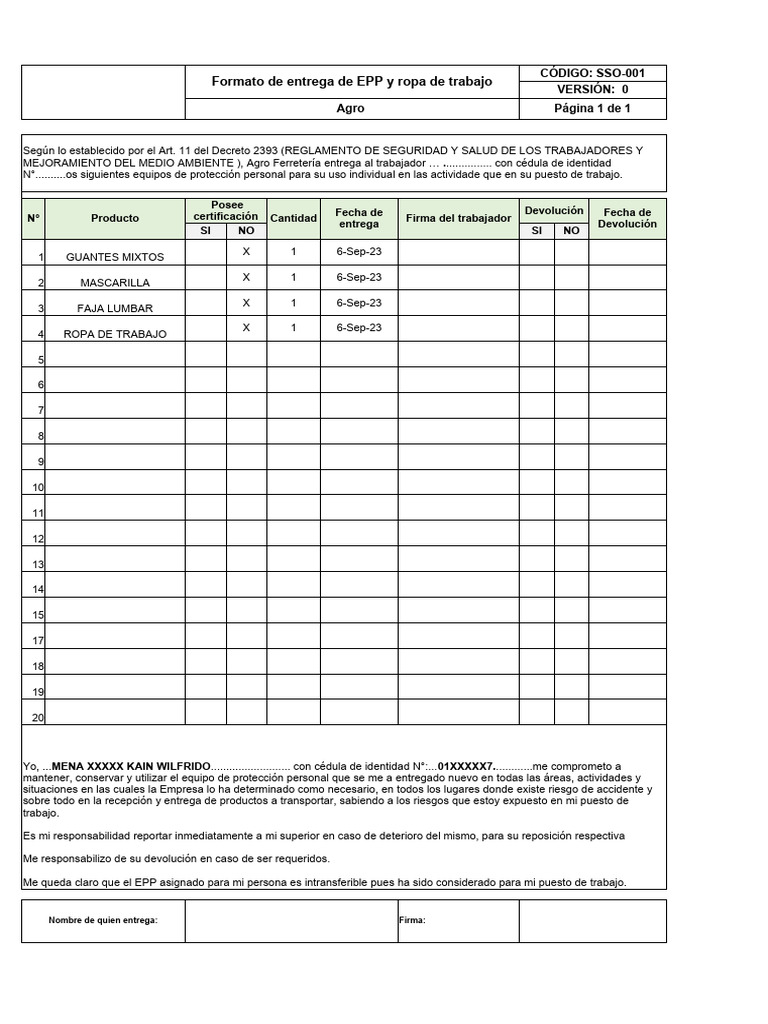 Formato Acta de entrega EPP - manual de calidad | PDF