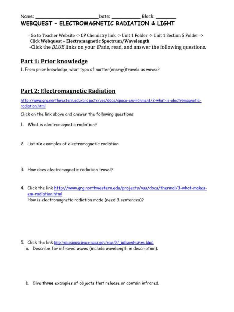 Webquest - Electromagnetic Radiation, Wavelength, Frequency | PDF ...