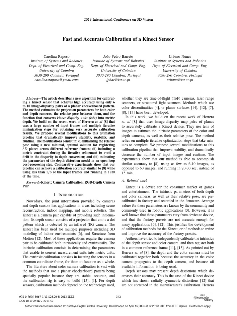 Fast and Accurate Calibration of A Kinect Sensor | PDF | Computers