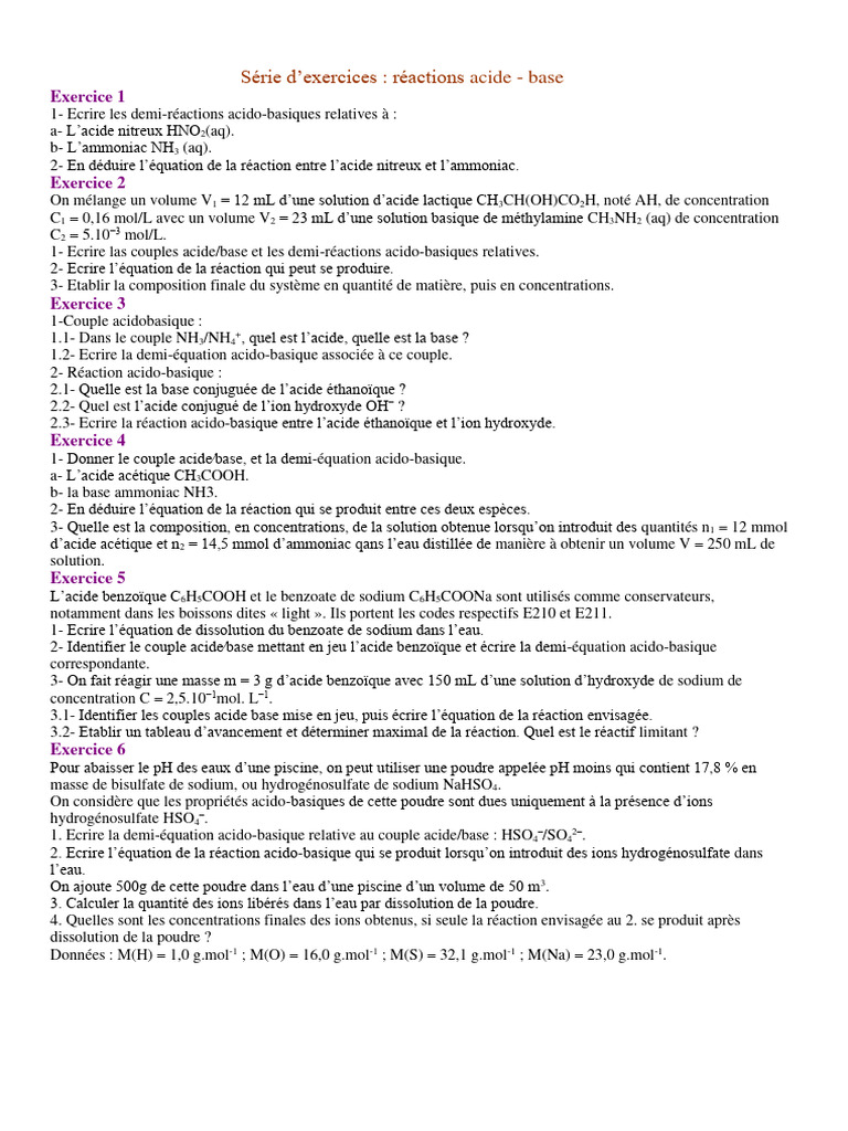 Réaction Acide - Base Imprimer | PDF | Réaction d'oxydoréduction ...