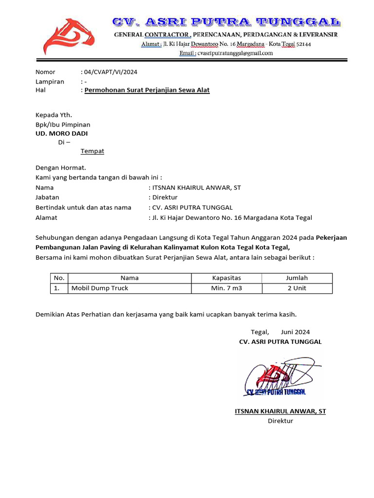 Surat Permohonan Sewa Alat | PDF