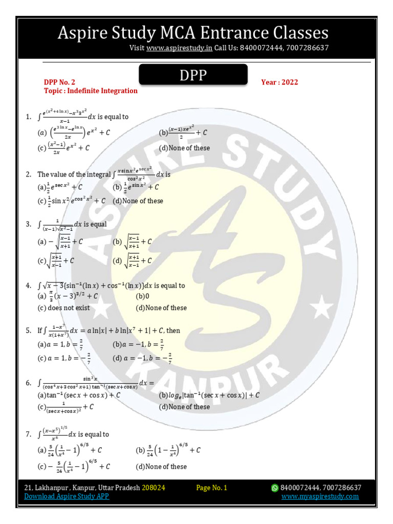 MCA Entrance Integration Prep | PDF | Complex Analysis | Mathematical Concepts