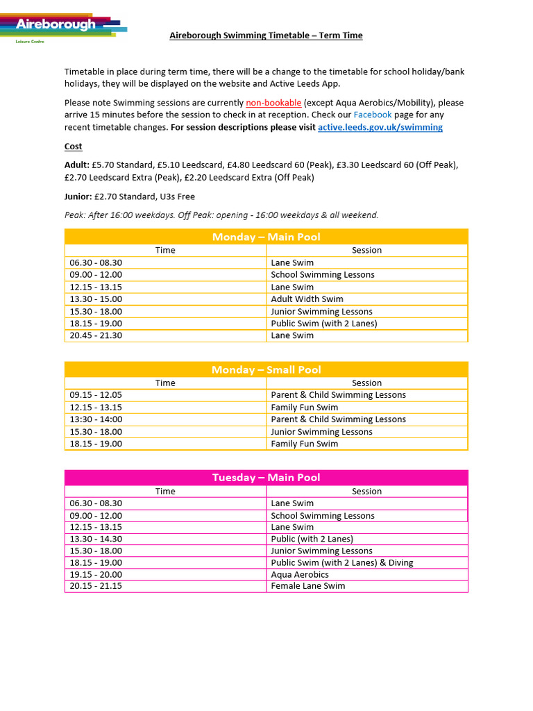 Aireborough Swimming Timetable 2023 | PDF | Swimming