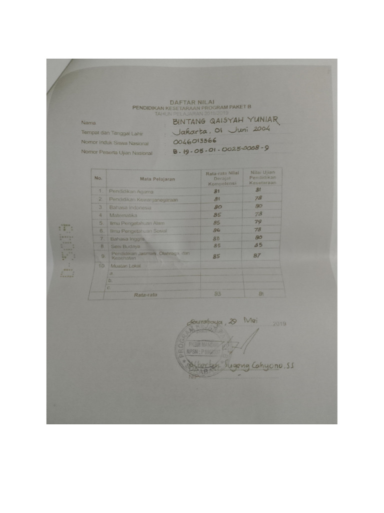 Contoh Daftar Nilai Kejar Paket B | PDF