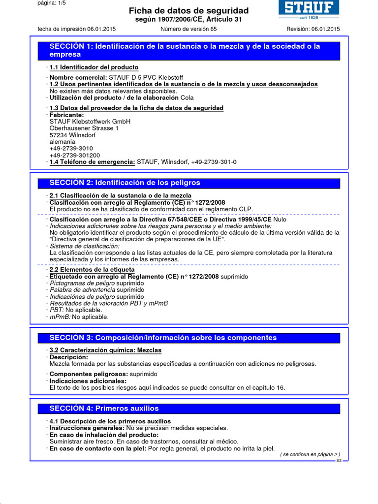 STAUF D-5 PVC-Klebstoff Ficha de Seguridad | PDF | Agua | Residuos