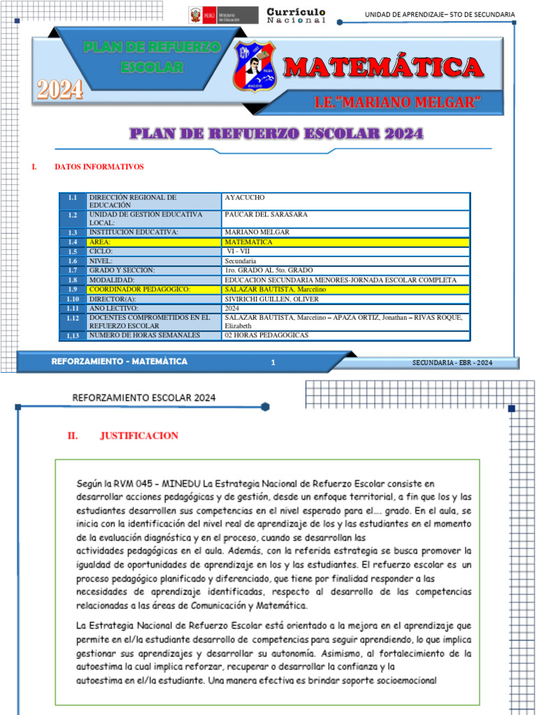 Plan de Refuerzo Escolar 2024-Marcel Saba | Descargar gratis PDF | Evaluación | Aprendizaje