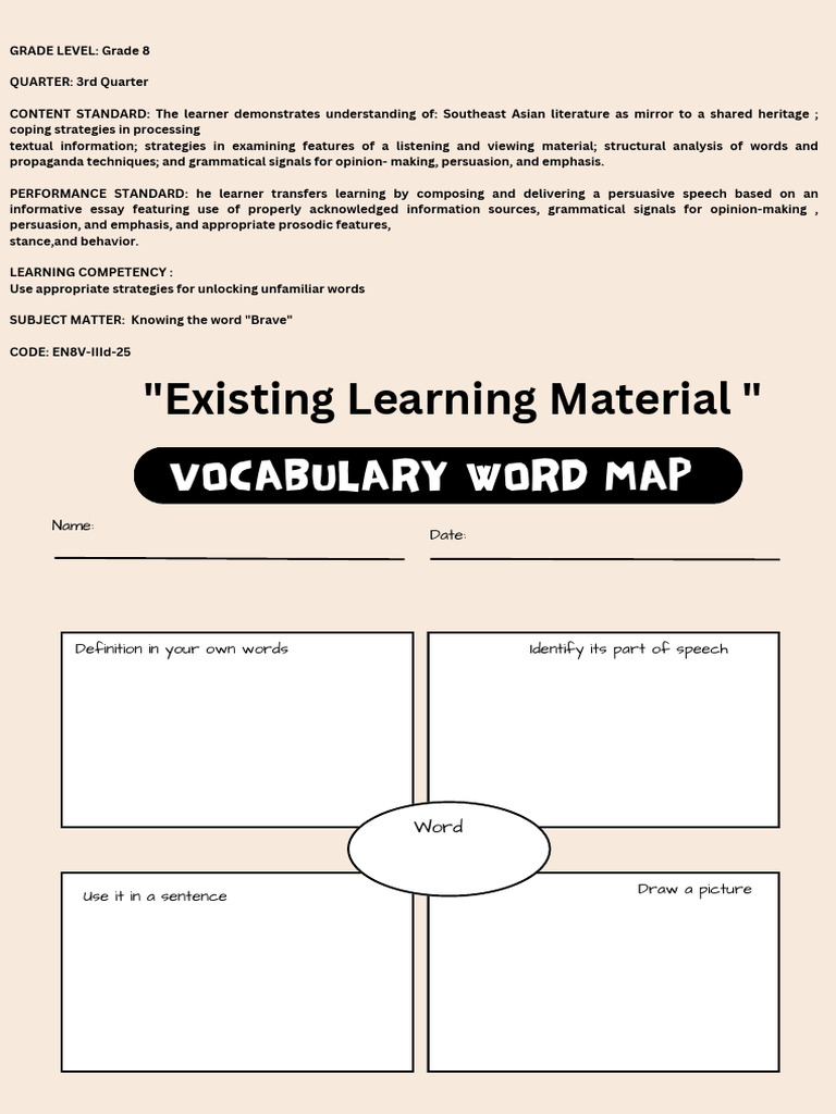 Language Arts Vocabulary Word Map Worksheet in Yellow and Red ...