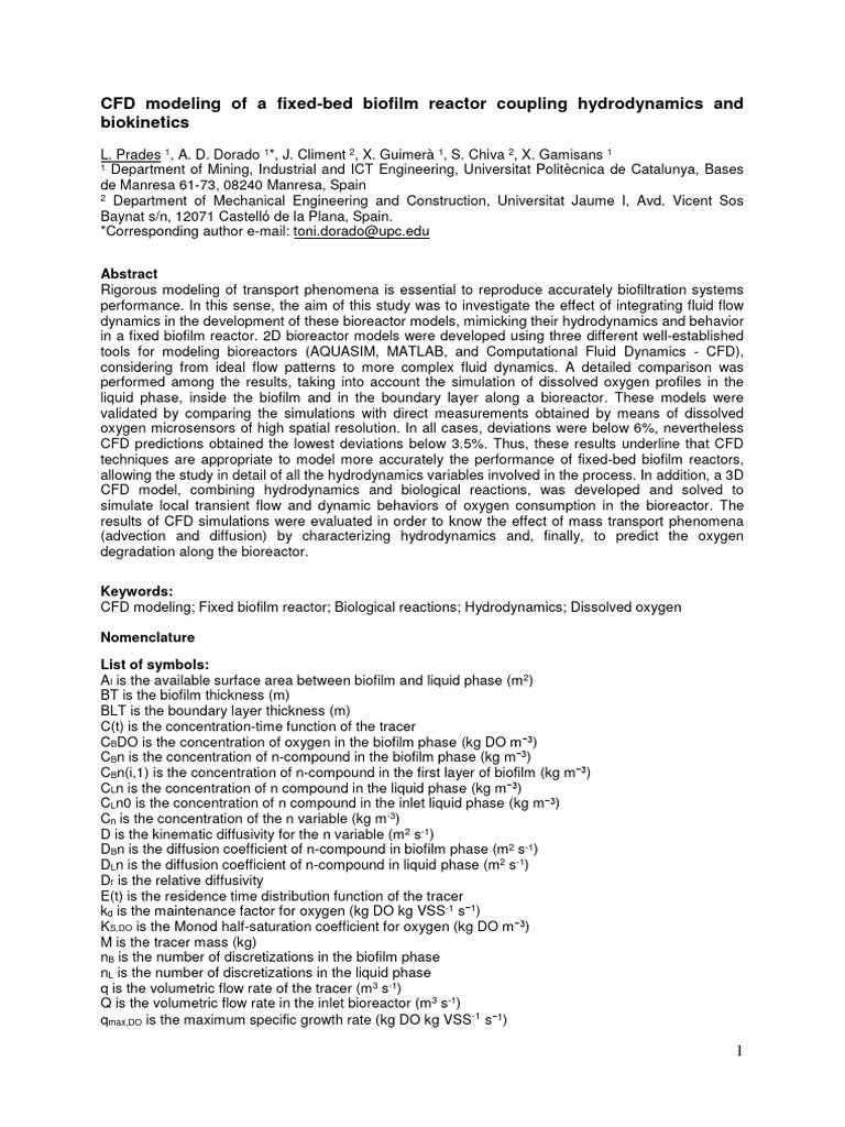 CFD modeling of a fixed-bed biofilm reactor coupling hydrodynamics and prades | Download Free ...