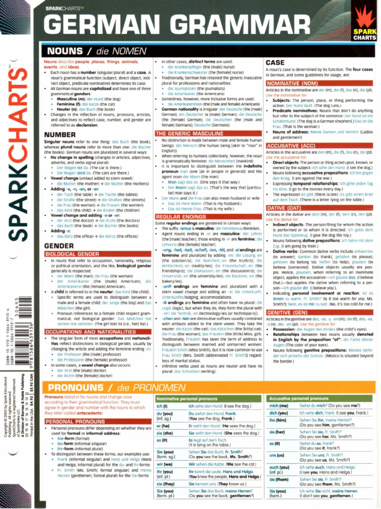 SparkCharts German Grammar SparkCharts | PDF