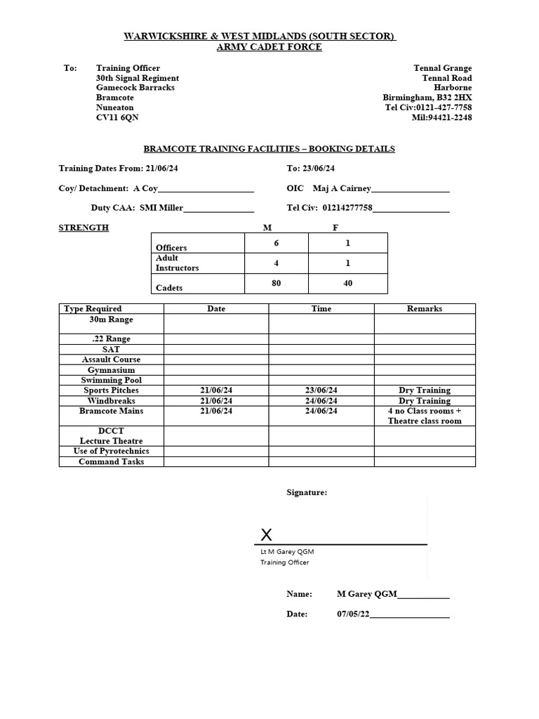 Bramcote Camp Training Booking Details | PDF | Military Organization ...