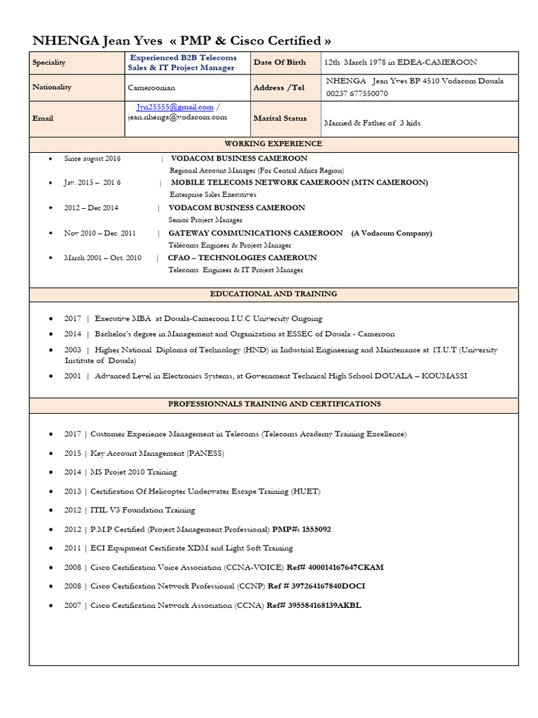 Jean Yves CV | PDF | Cisco Certifications | Telecommunications