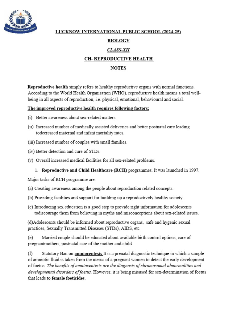 Class 12 ch-3 Biology Reproductive Health Notes | PDF | Sexually ...