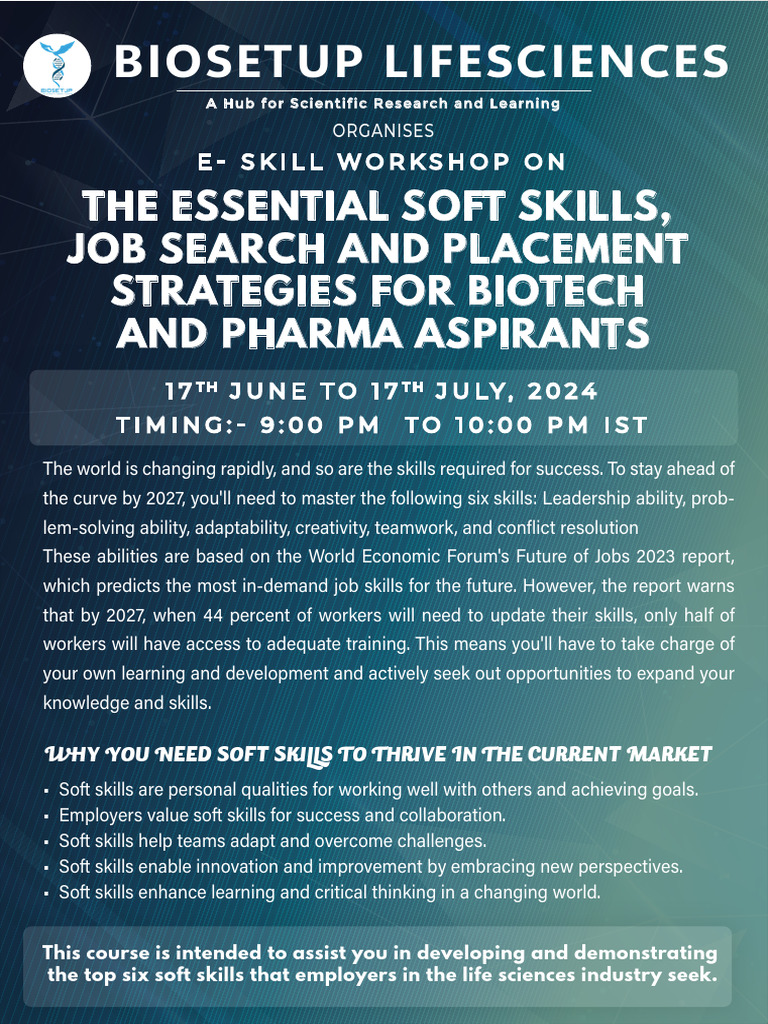 Workshop On The Essential Soft Skills, Job Search and Placement Strategies For Biotech and ...