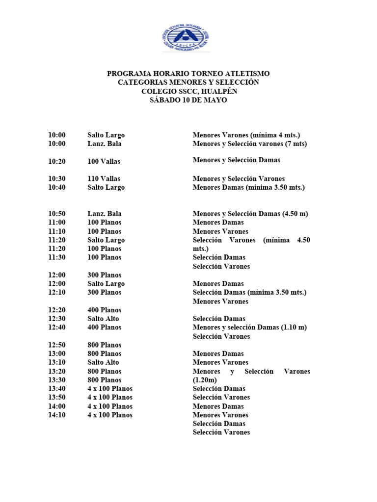 Programa Horario Menores y Seleccion Adicpa 2024 | PDF