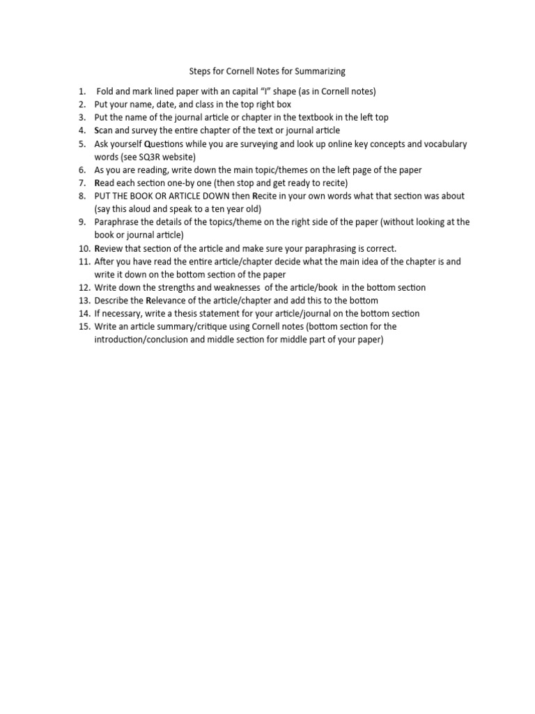 Cornell Notes For Summarizing Directions and Outline-2 | PDF