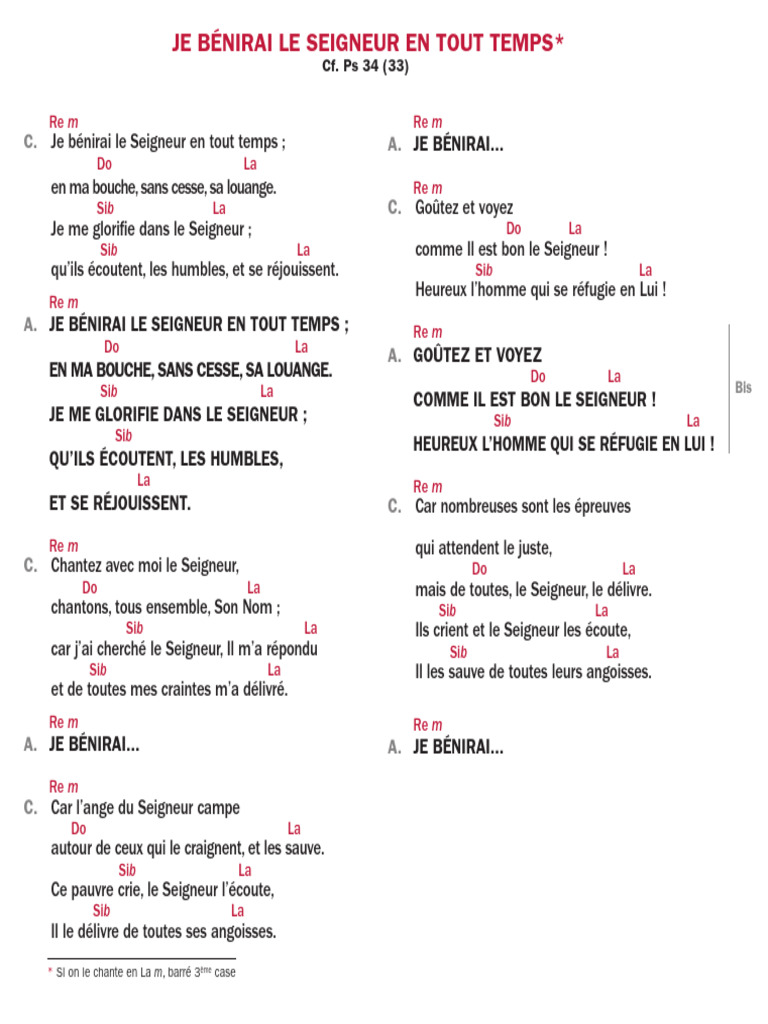 Je bénirai le Seigneur en tout temps | PDF