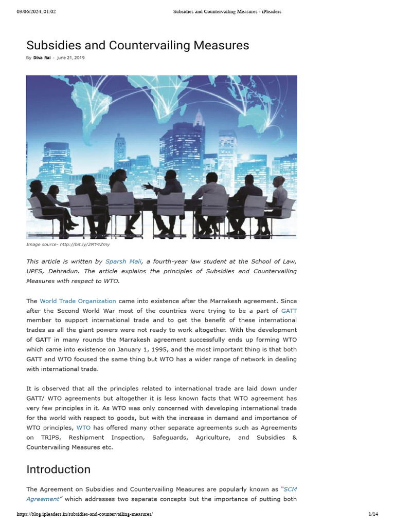 Subsidies and Countervailing Measures - Ipleaders | PDF | World Trade ...